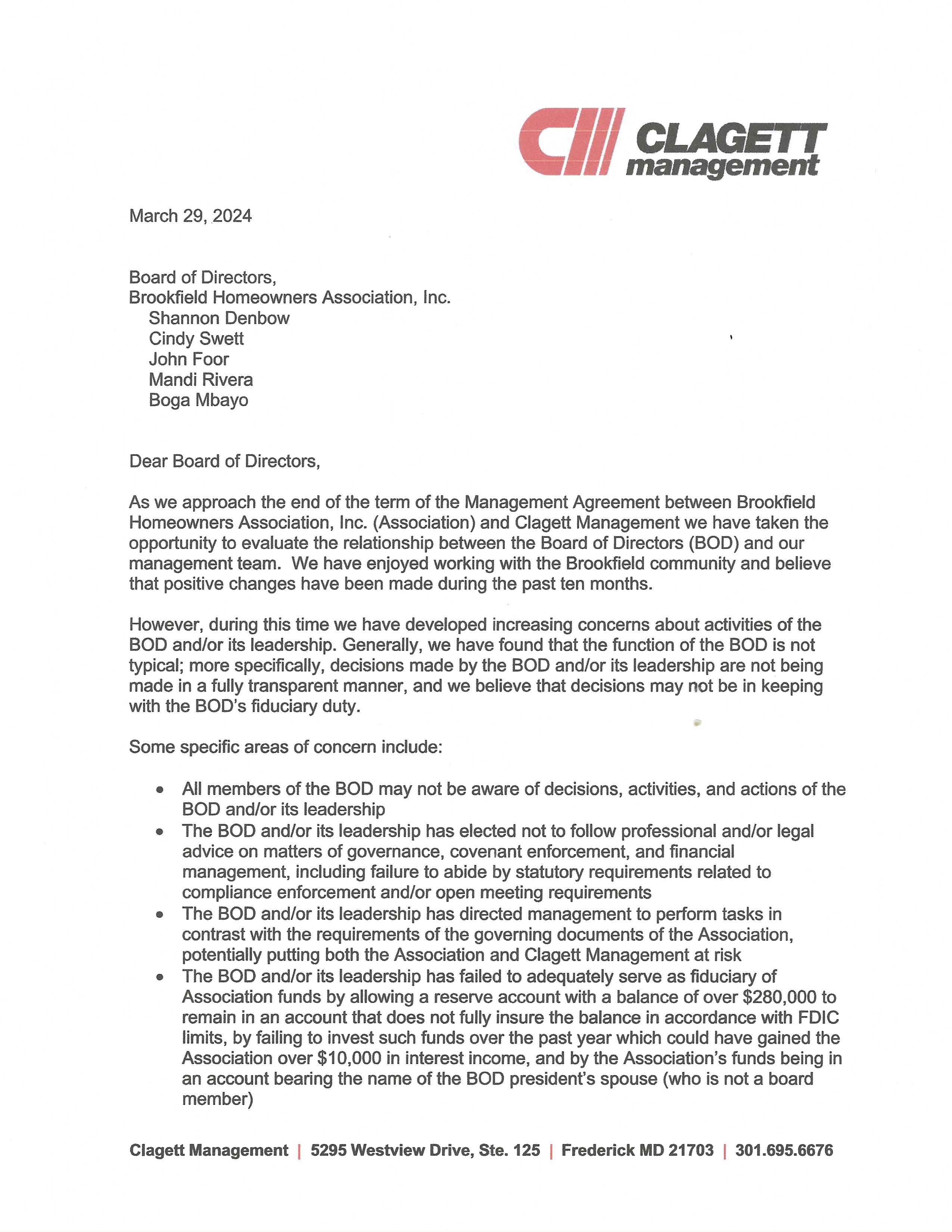 Clagett Management Letter – CHANGE Brookfield